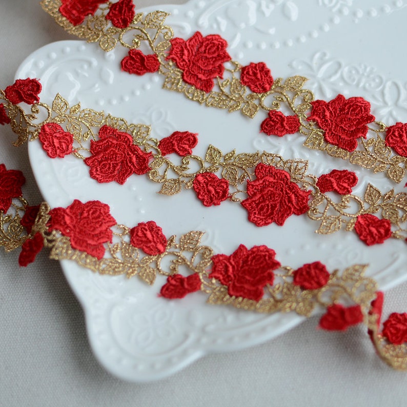 1 Yard Beautiful Red Rose Gold Flower Embroidery Lace Trim for DIY ...