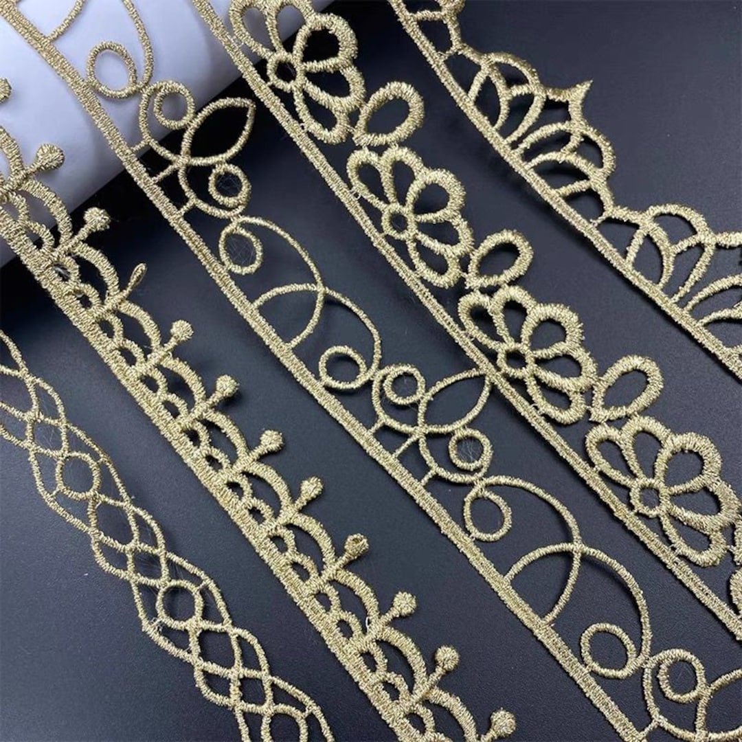 2 Yards Lace Trim Gold Metalic Gold Lace Trimming Golden Embroidered ...