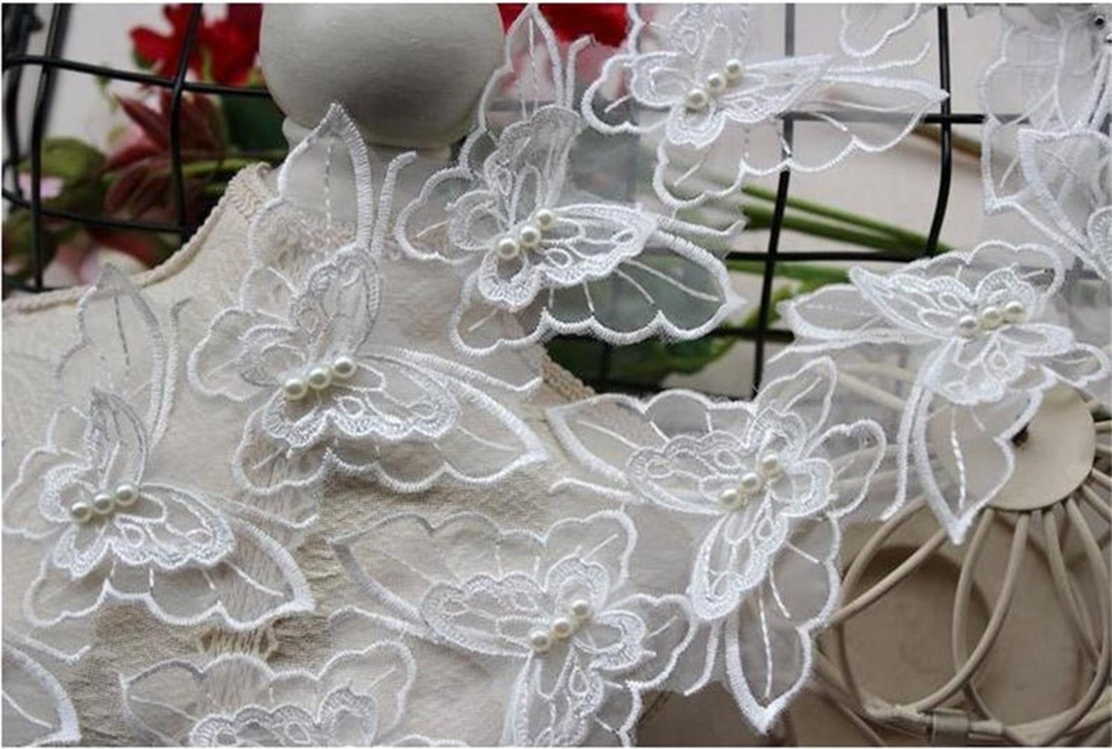 High-quality Exquisite Organza Butterfly Applique Lace off White Beaded ...