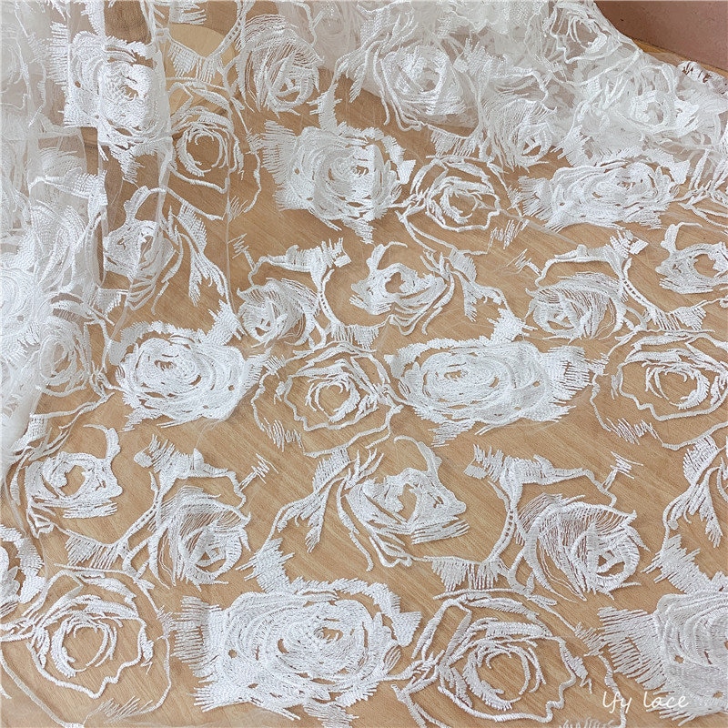 White Rose Embroidered Lace Fabric Bridal Lace Rose Floral - Etsy