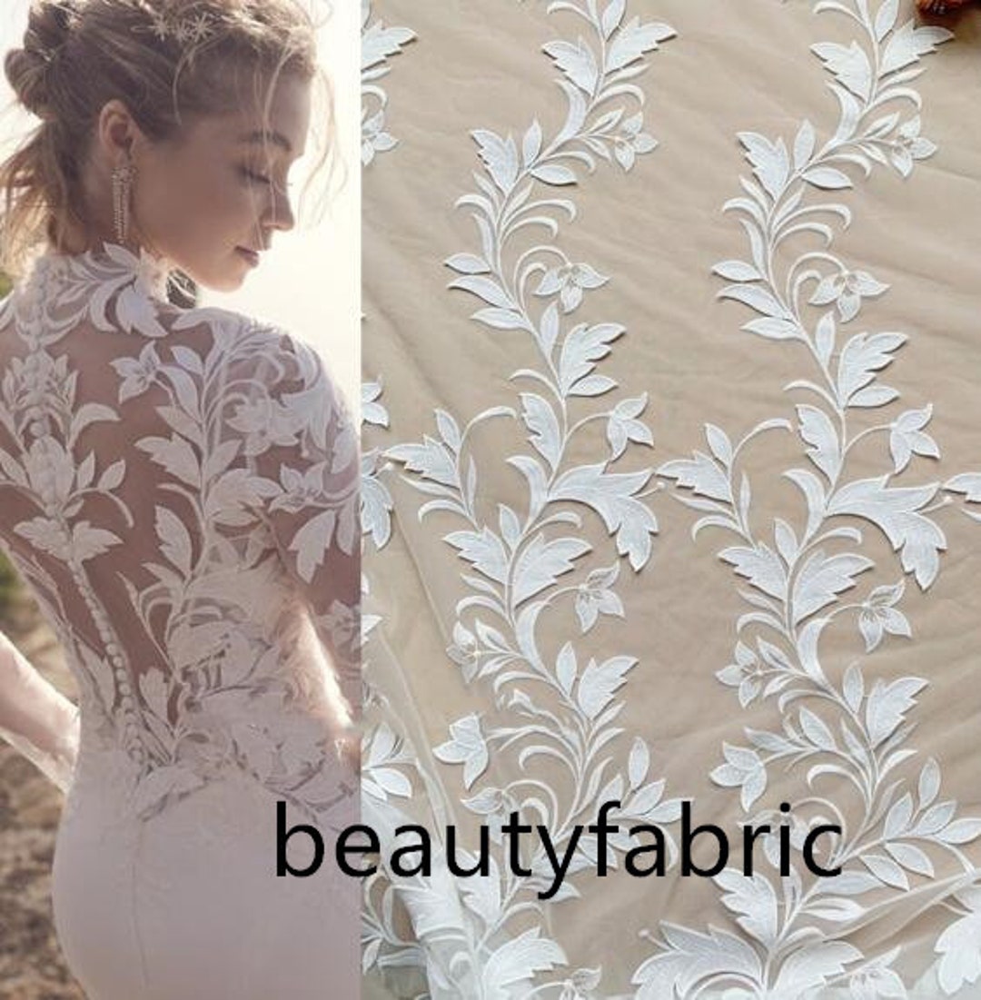 Lace Fabric off White Tulle Leaf Mesh Embroidery Floral Alencon Alice ...