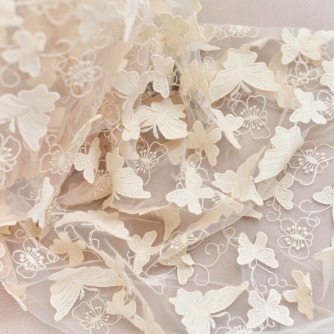 Champagne 3D Butterfly Flower Tulle Alencon Lace Fabric Embroidered ...