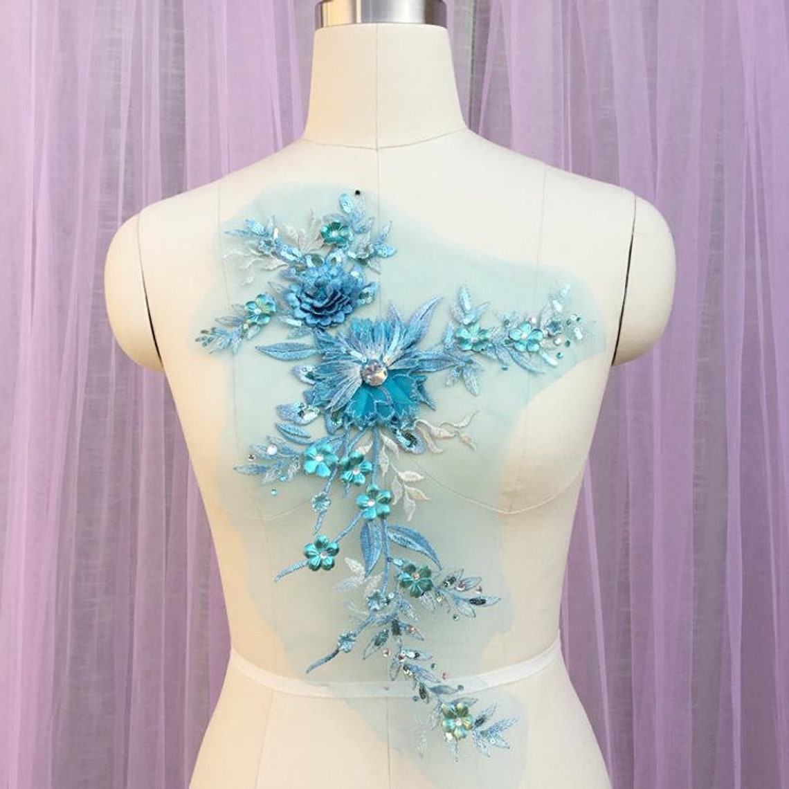 3 Colors Blue Gold Red Applique Rhinestone Sequins 3D Flower Lace ...