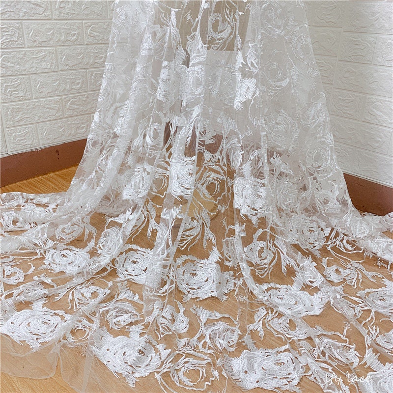 White Rose Embroidered Lace Fabric Bridal Lace Rose Floral - Etsy