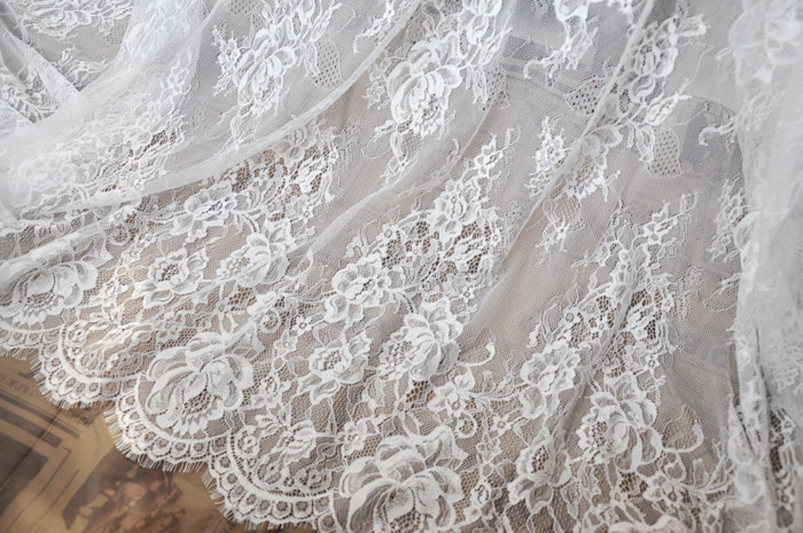 1 Yard Graceful Ivory Lotus Eyelash Lace Fabric 59 Inches Wide Floral ...