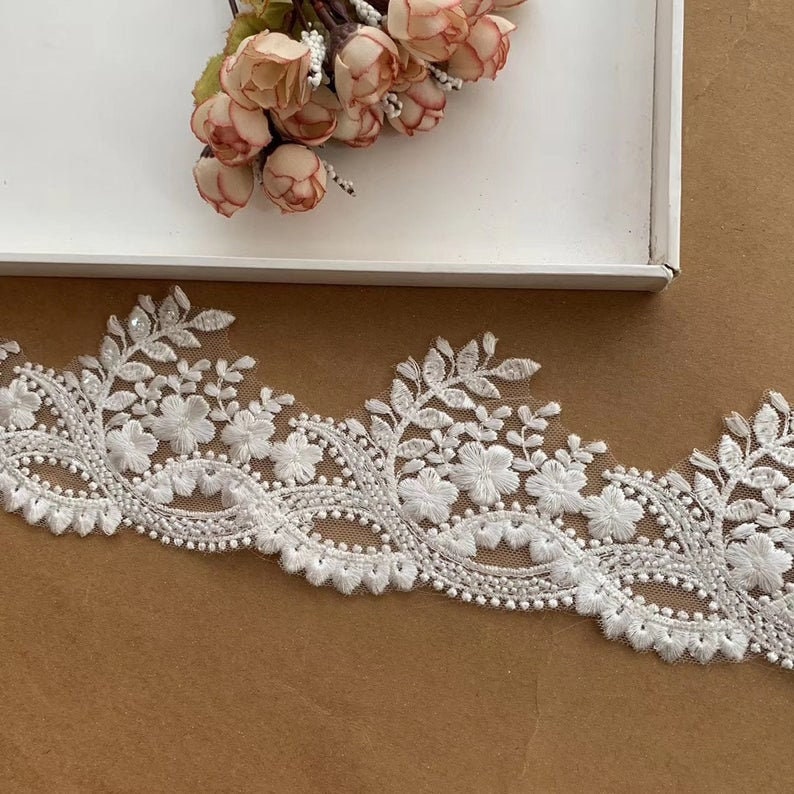 Creamy White Beaded Lace Trim, Wedding Veil Lace Trim, Rayon Lace Trim ...