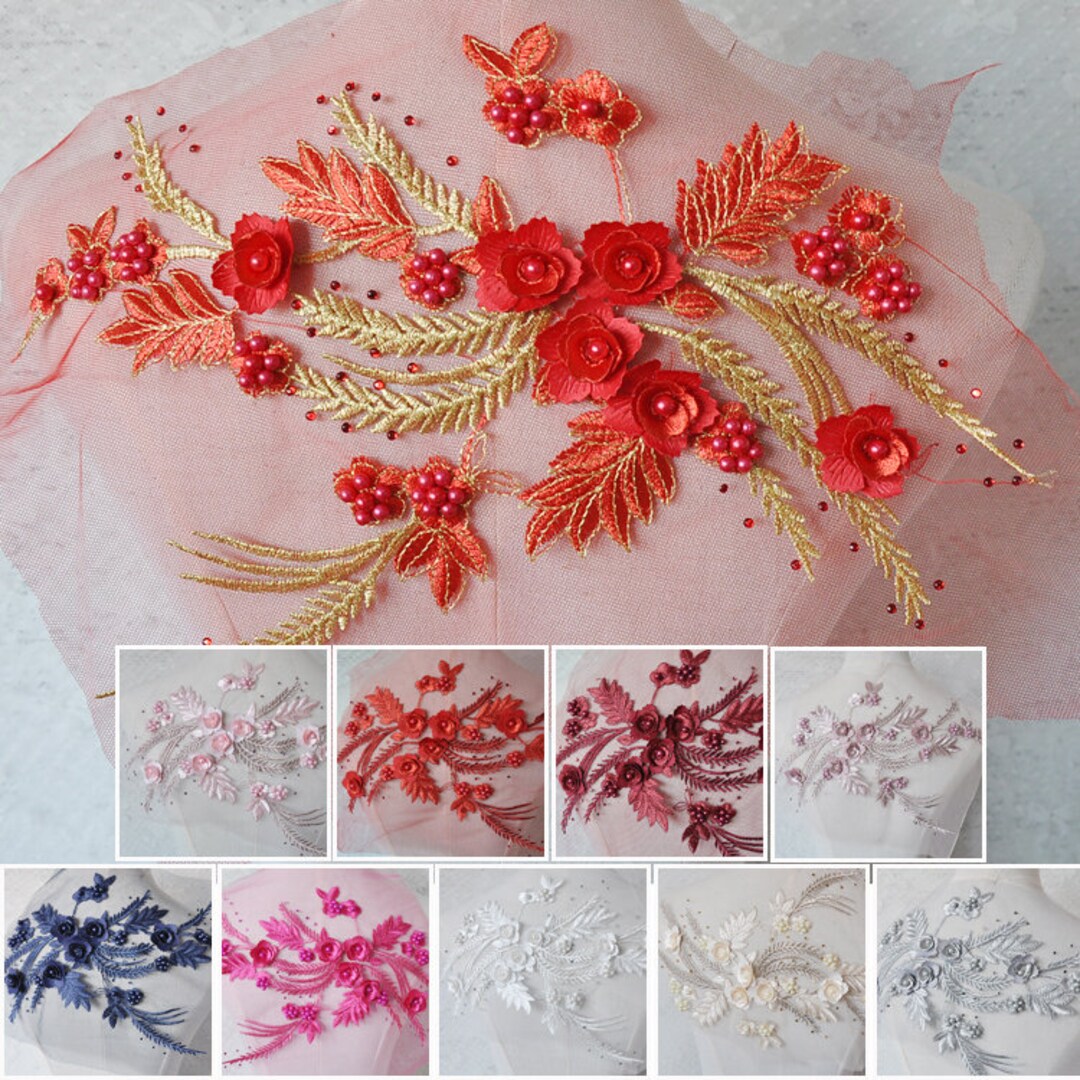 10 Colors 3D Red Gold Pearl Beaded Flower Lace Applique , Embellished ...