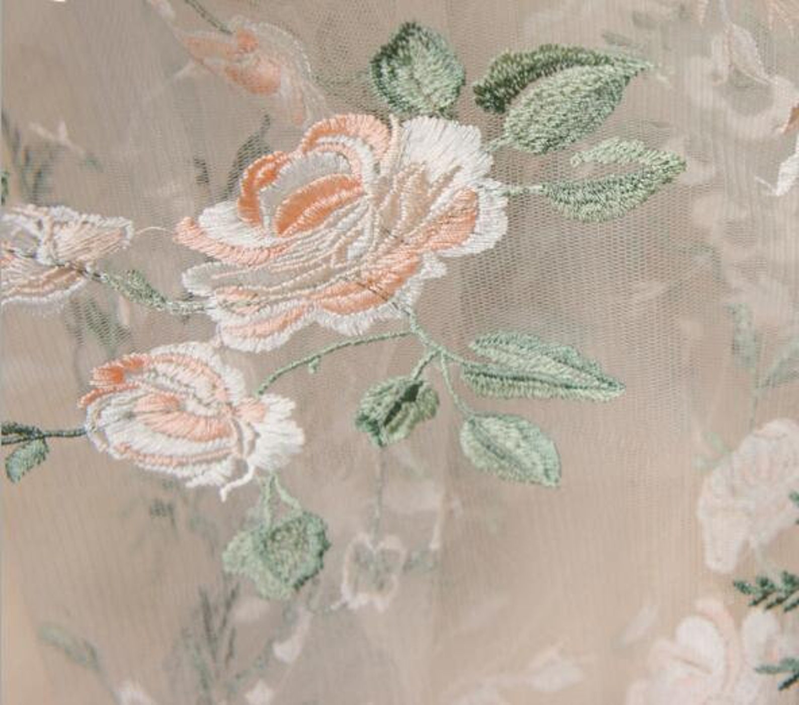 Beige Tulle Pink Rose Embroidery Floral Geen Leaf Lace Fabric Exquisite ...
