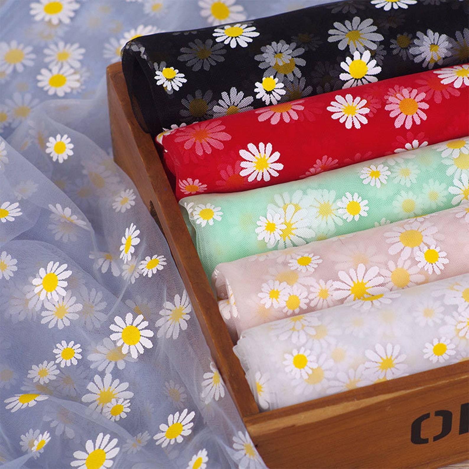 6 Colors Lace Fabric Adorable Daisy Flower Daisy Print Tulle Fabric for ...