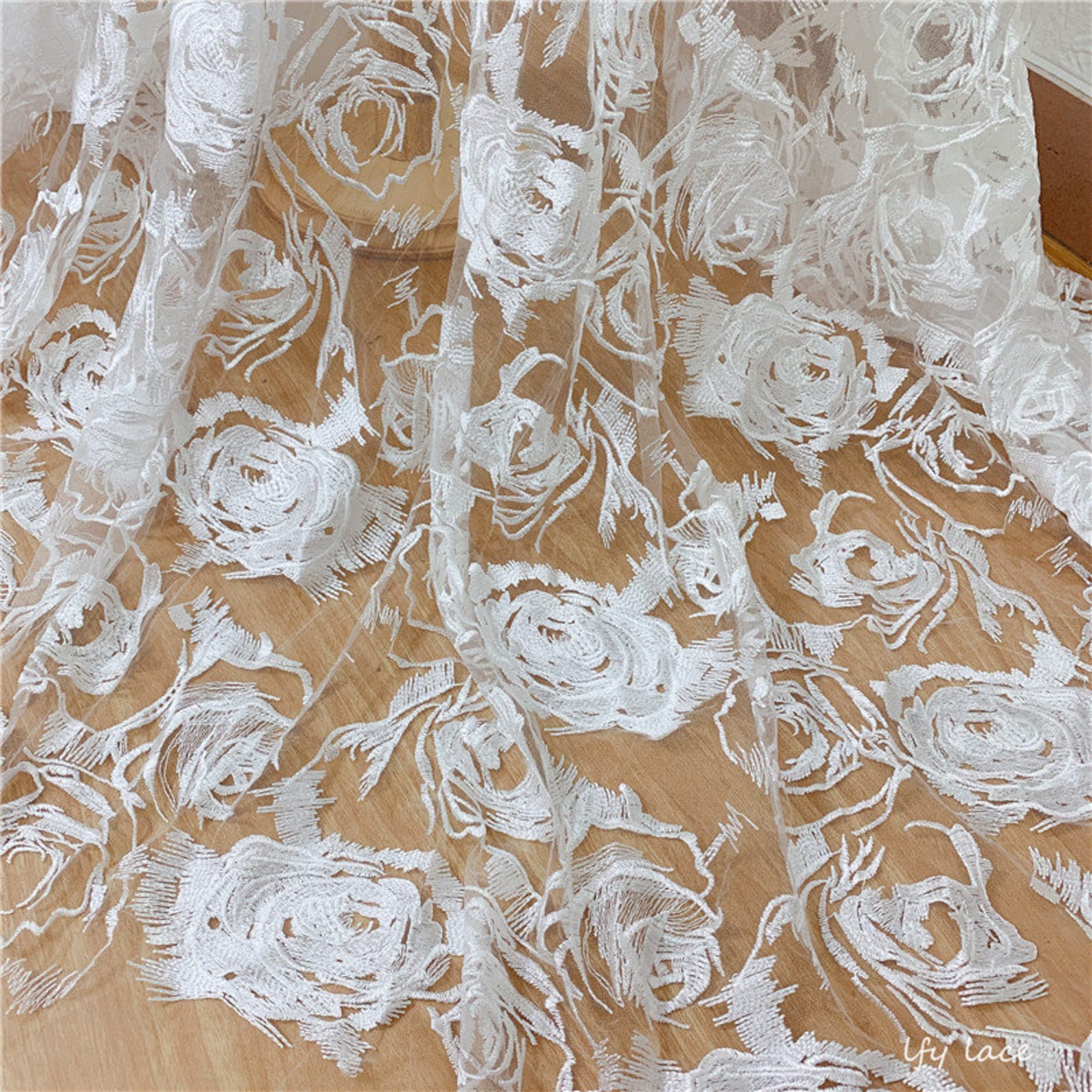 White Rose Embroidered Lace Fabric Bridal Lace Rose Floral - Etsy