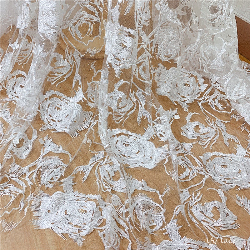 White Rose Embroidered Lace Fabric Bridal Lace Rose Floral - Etsy