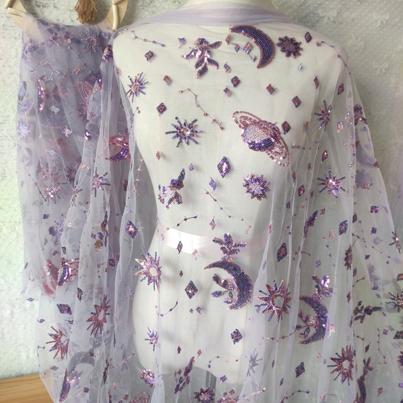Purple Tulle Sequined Moon Planet Lace Fabric Exquisite Stars | Etsy
