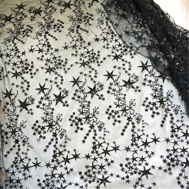 Black Sequin Star Lace Fabric Tulle Floral Embroidery Exquisite Bridal ...