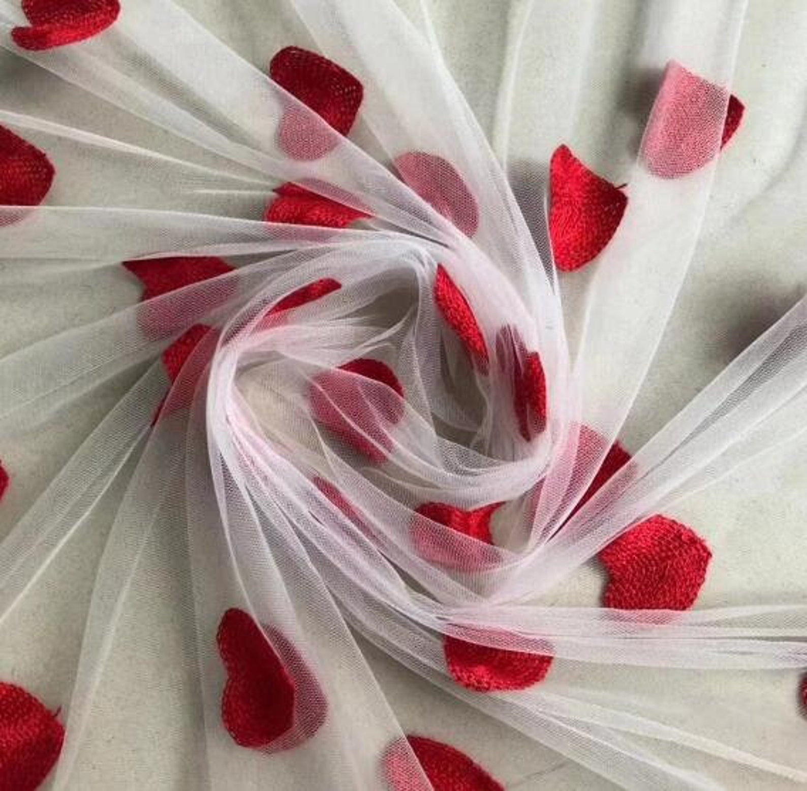 White Black Tulle Sweet Red Heart Embroidery Lace Fabric for | Etsy