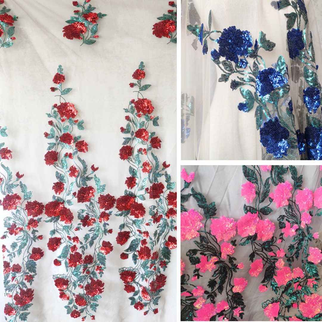 New Arrival High-quality Red Rose Flower Fabric, Blue-green Lace Fabric ...