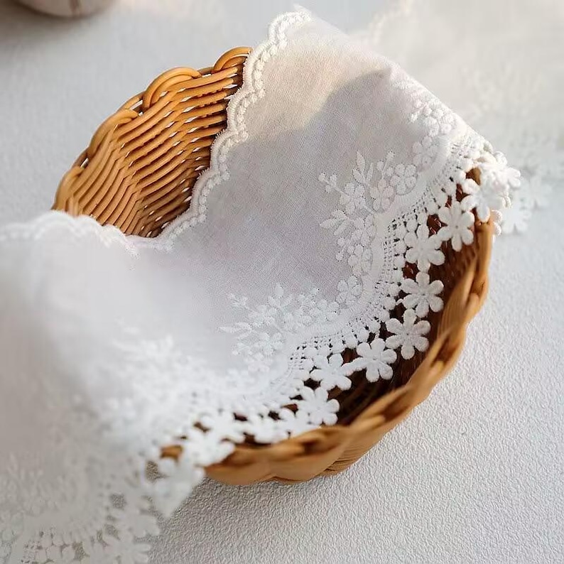 1 Yard off White Pure Cotton Fabric Lace Trim Embroidery Lily of the ...