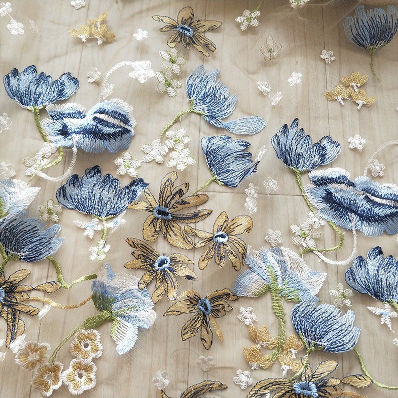 1 Yard Gorgeours Blue Lotus Flower Lace Fabric Floral Embroidered Tulle ...