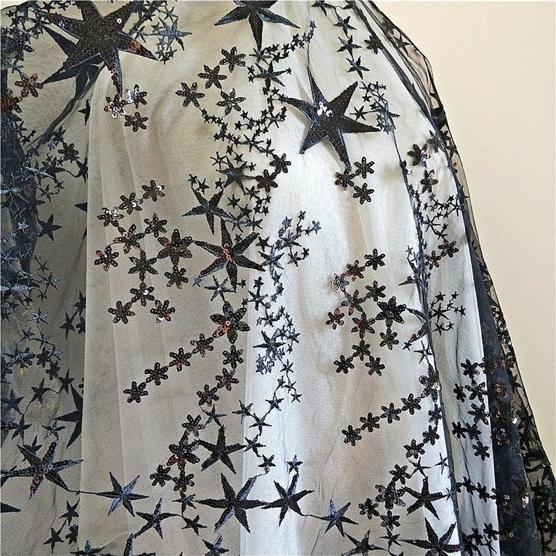 Black Sequin Star Lace Fabric Tulle Floral Embroidery Exquisite Bridal ...