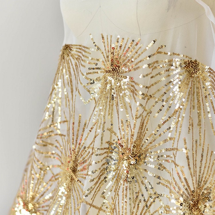 Gold Sequin Ivory Tulle Lace Fabric Flower Alencon Alice Tulle ...
