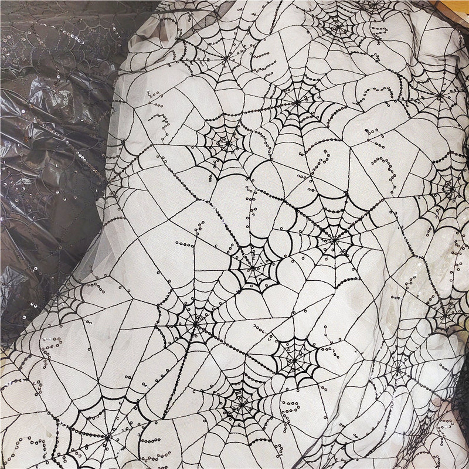 1 Yard Black Tulle Sequin Spider Web Embroidery Lace Fabric Exquisite ...