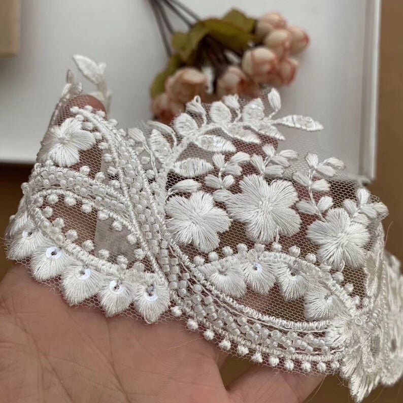Creamy White Beaded Lace Trim, Wedding Veil Lace Trim, Rayon Lace Trim ...