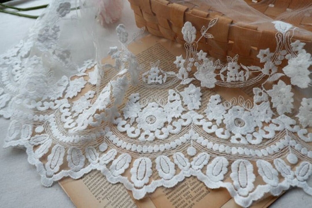 1 Yard Lace Trim White Floral Cotton Lace Embroidered Tulle Lace Trim ...
