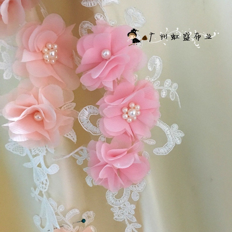 7 Colors 1pc 3D Pink Chiffon Flower Bead Pearl Lace Appliques Floral ...