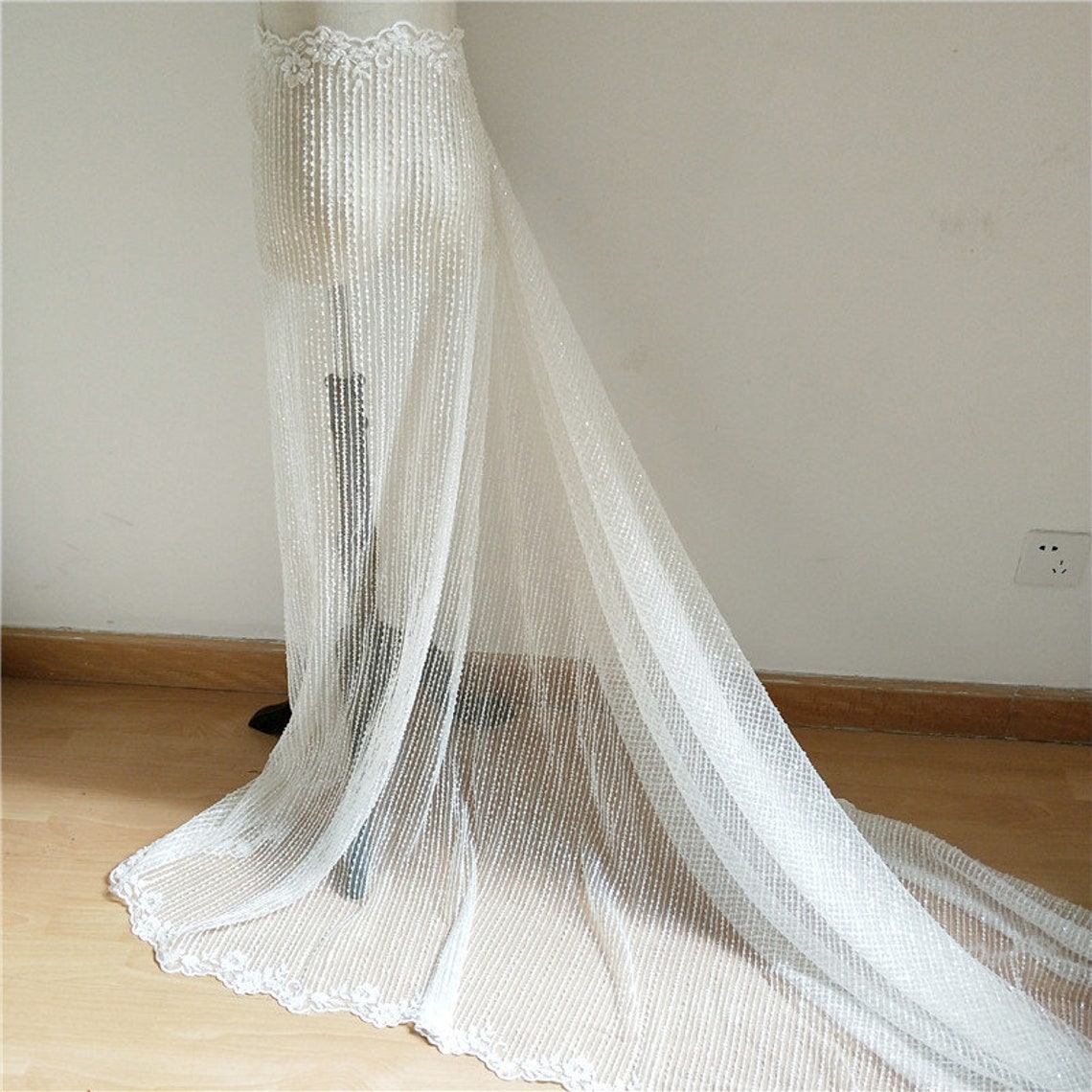 Full Beaded Pearl Strip Super Luxury Ivory Tulle Lace Fabric Alencon ...