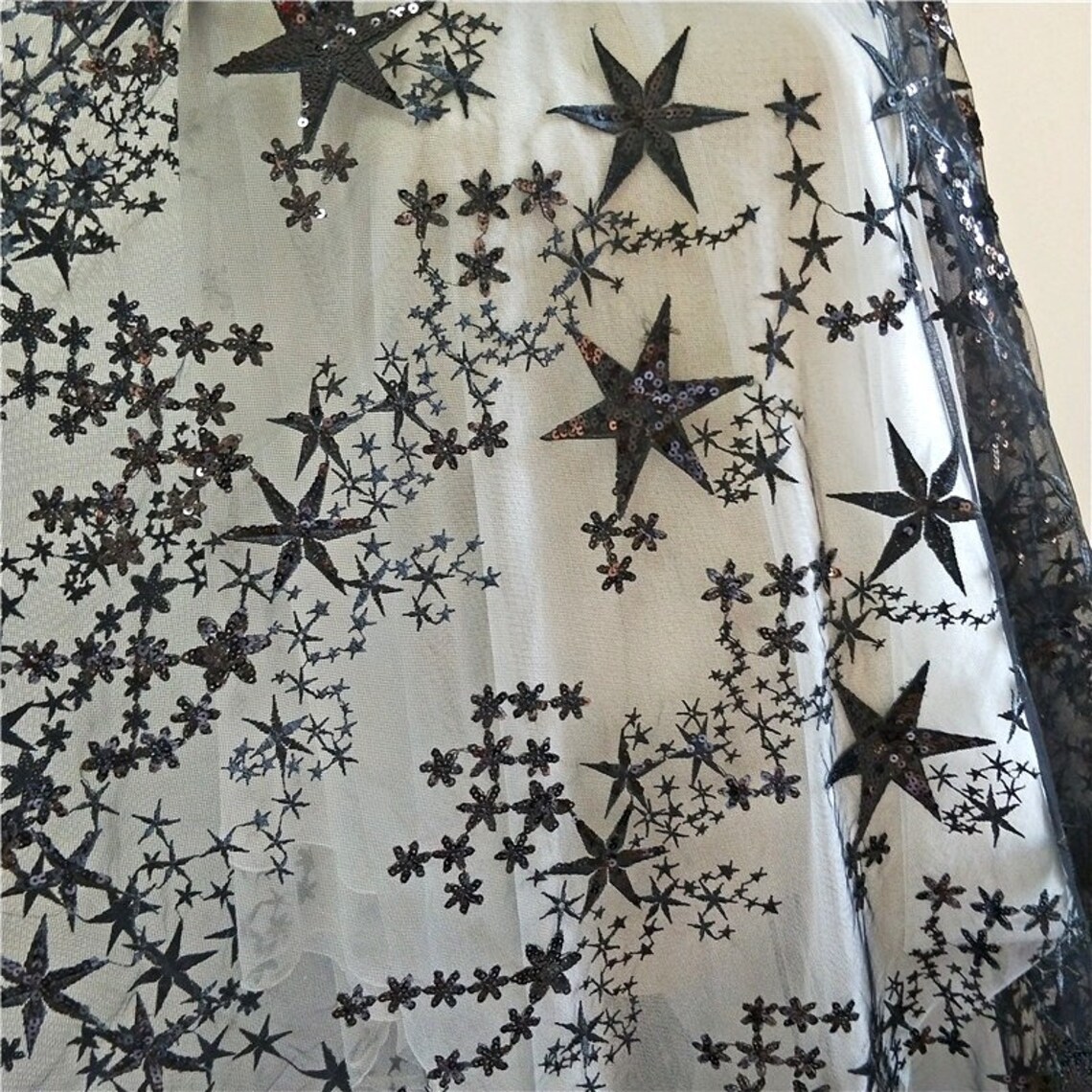 Black Sequin Star Lace Fabric Tulle Floral Embroidery Exquisite Bridal ...