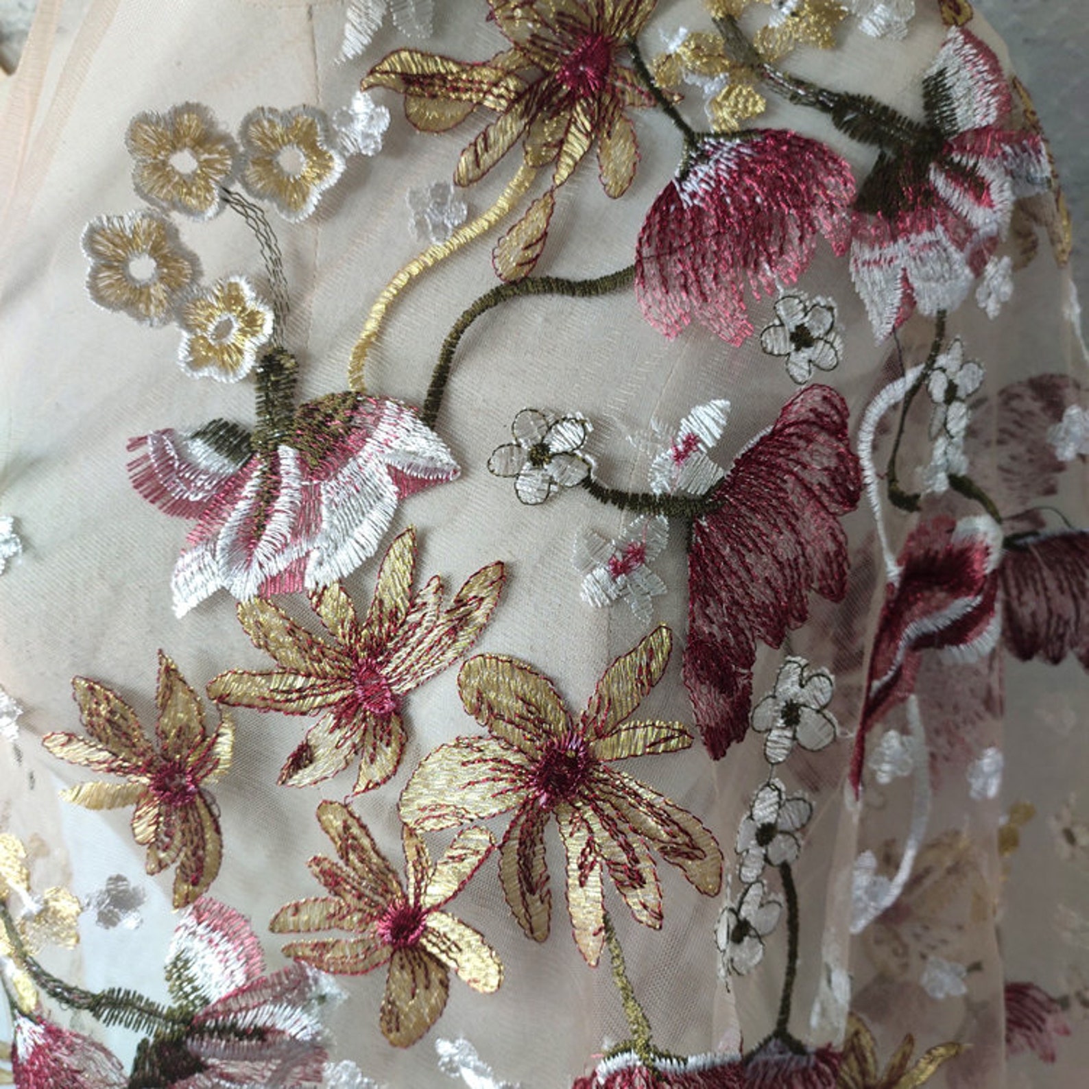 1 Yard Gorgeours Blue Lotus Flower Lace Fabric Floral Embroidered Tulle ...