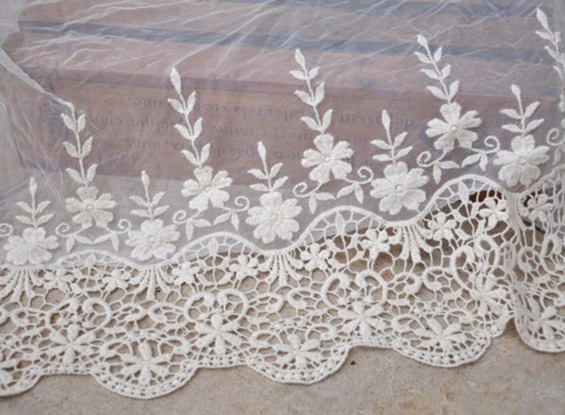 Super Wide Lace Trim Beige Black Retro Cotton Embroidery | Etsy