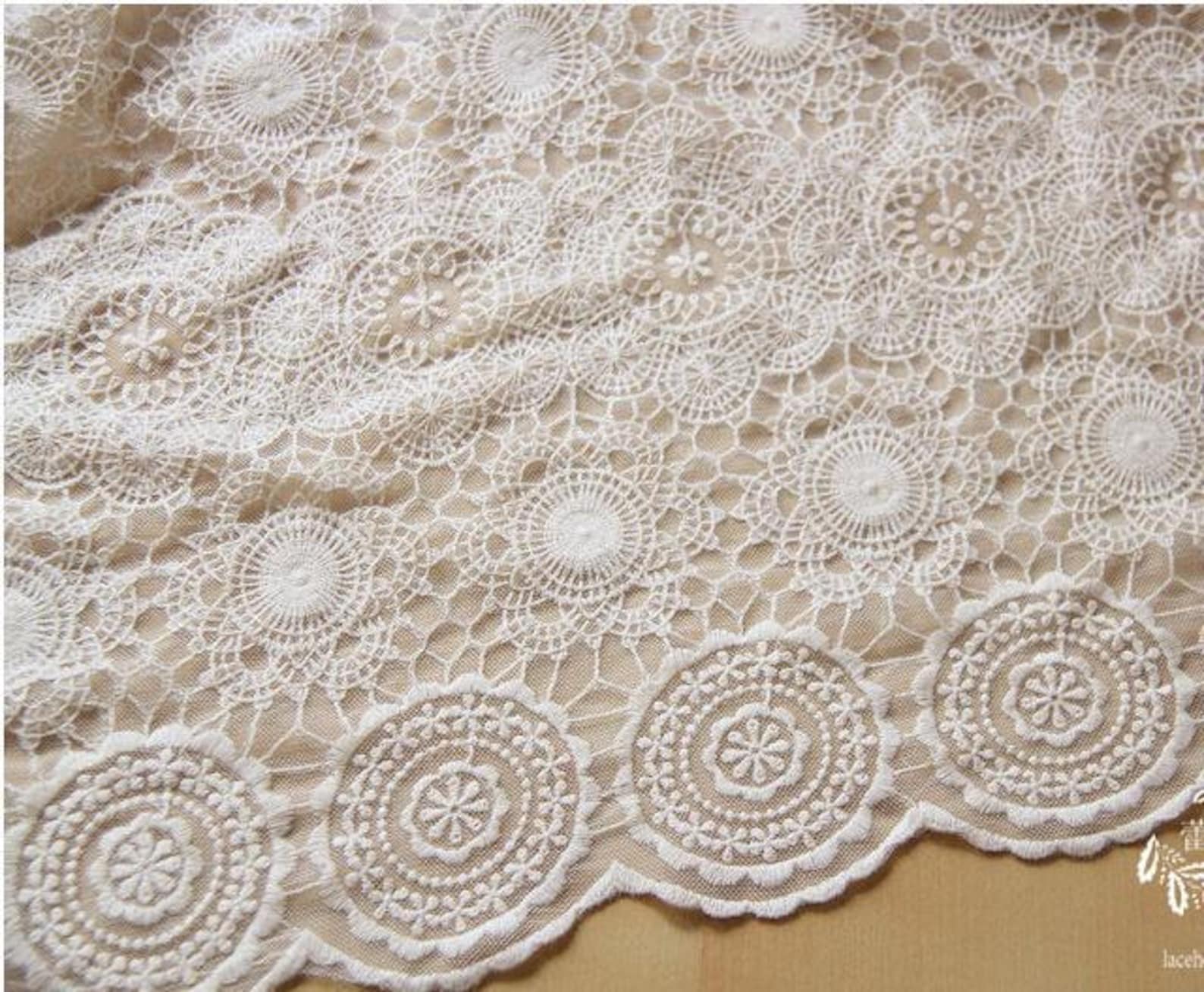 1 Yard Lace Fabric Tulle Beige Ivory Cotton Floral Circle | Etsy