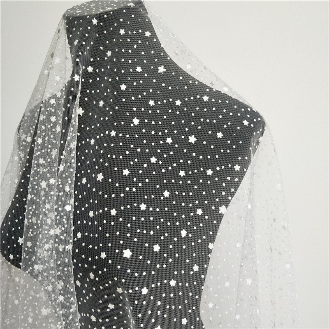 Pure White Flocking Star Tulle Lace Fabric Flower Alencon Alice Tulle ...