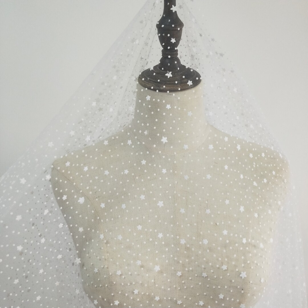 Pure White Flocking Star Tulle Lace Fabric Flower Alencon Alice Tulle ...