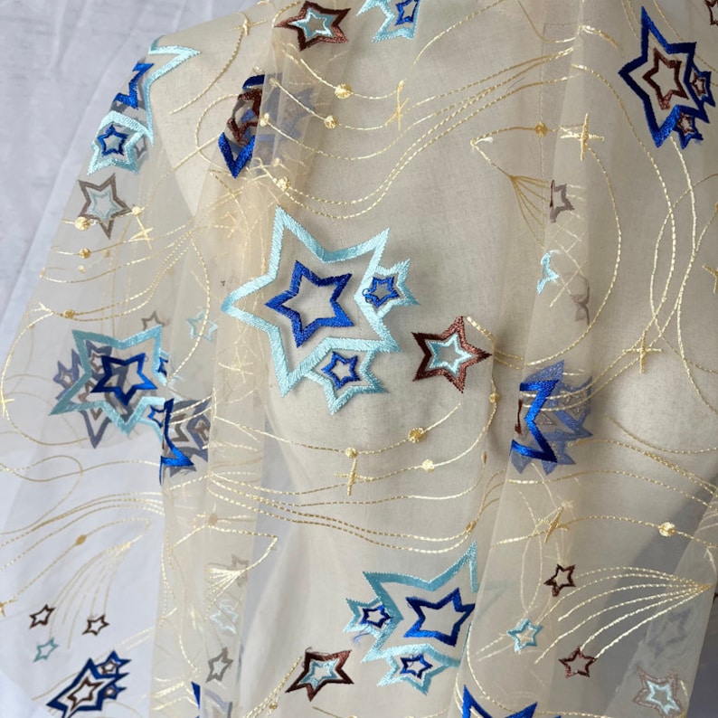 Apricot Tulle Blue Star Embroidery Lace Fabric Floral - Etsy