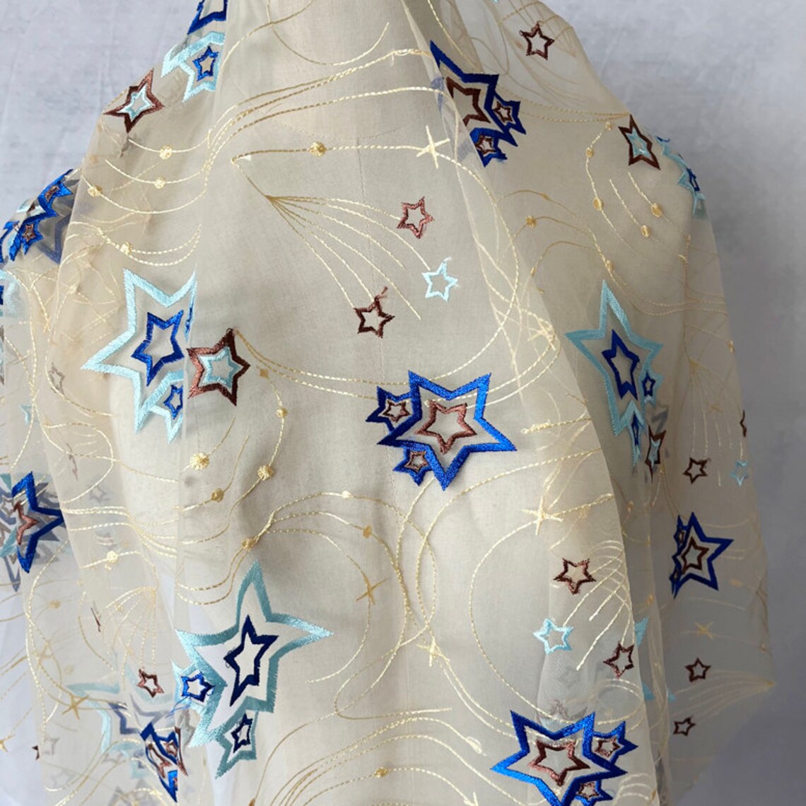 Apricot Tulle Blue Star Embroidery Lace Fabric Floral - Etsy