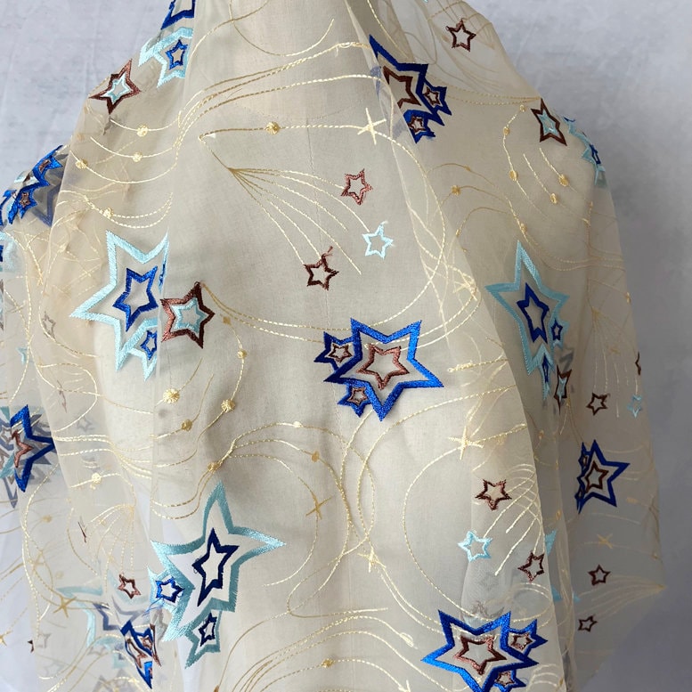 Apricot Tulle Blue Star Embroidery Lace Fabric Floral Exquisite ...