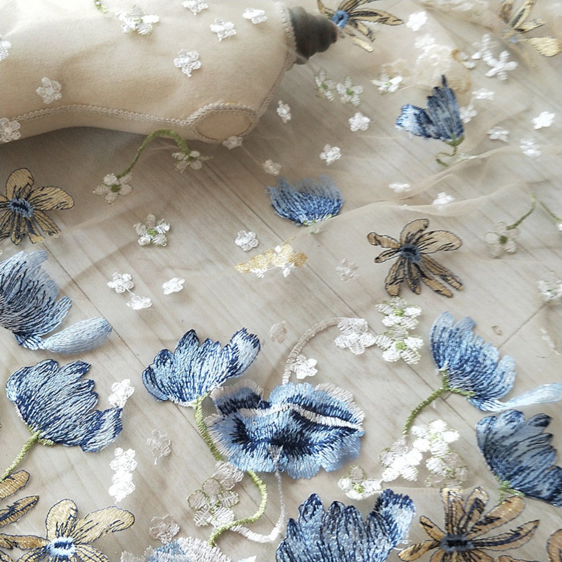 1 yard Gorgeours Blue Lotus Flower Lace Fabric Floral | Etsy