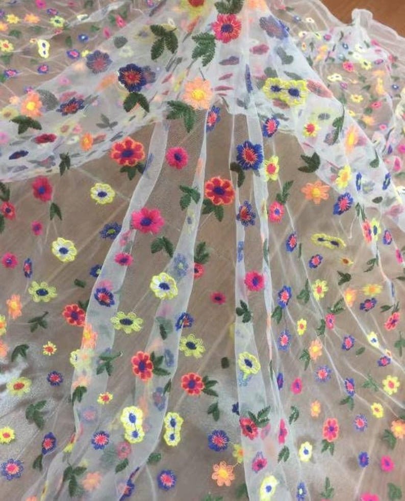 Lace Fabric Adorable Colorful Daisy Flower Embroidered Tulle Etsy