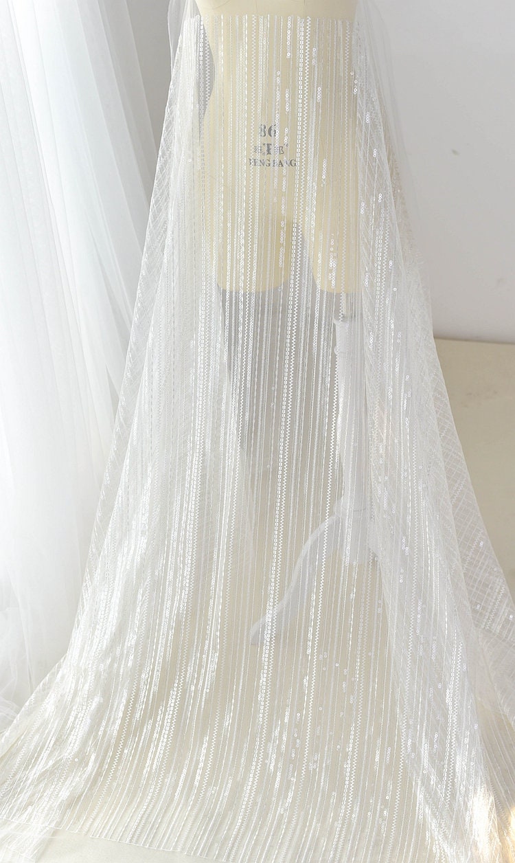 1 Yard Luxury Sequins Ivory Stripe Bridal Gown Drilling Lace Fabric ...