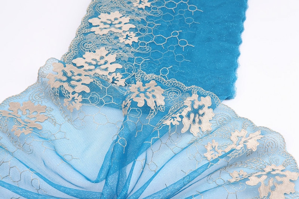 2 Yards Lace Trim Blue Tulle Blue Exquisite Floral Embroidery Tulle ...