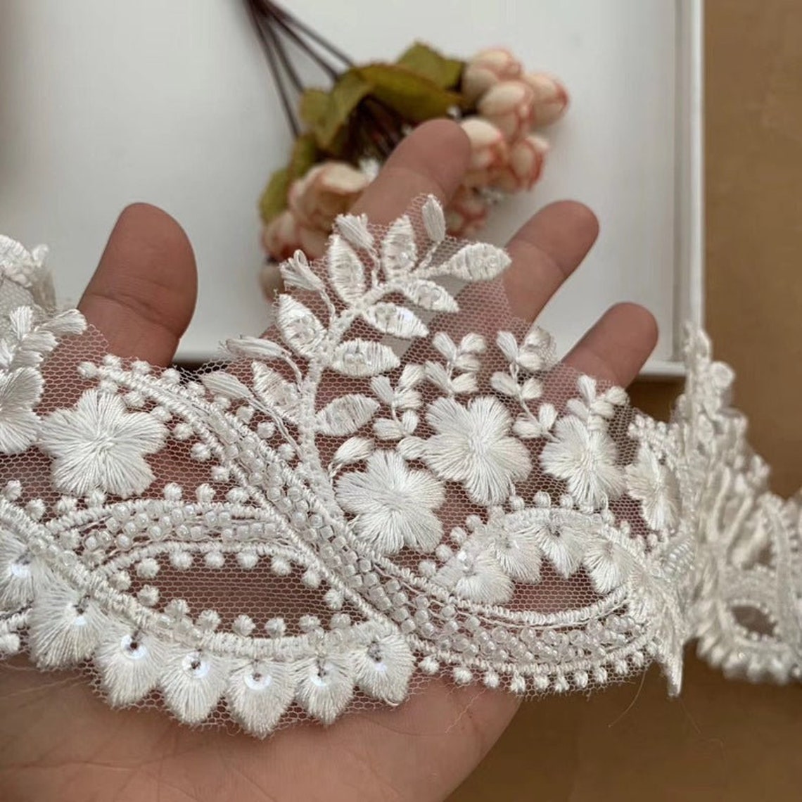 Creamy White Beaded Lace Trim Wedding Veil Lace Trim Rayon - Etsy