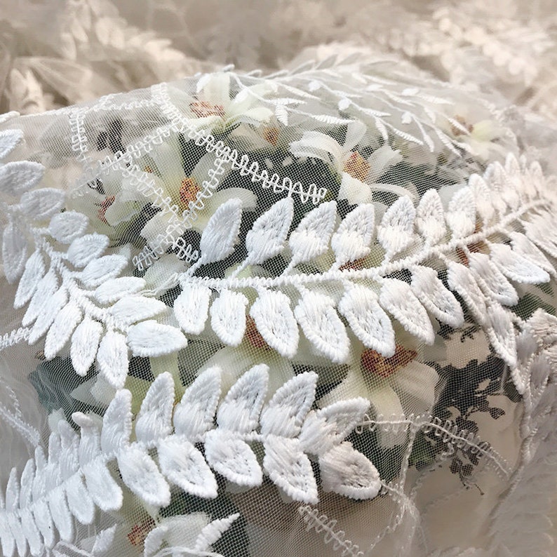 1 Yard Lace Fabric Ivory Tulle Leaf Floral Embroidery Exquisite Bridal ...