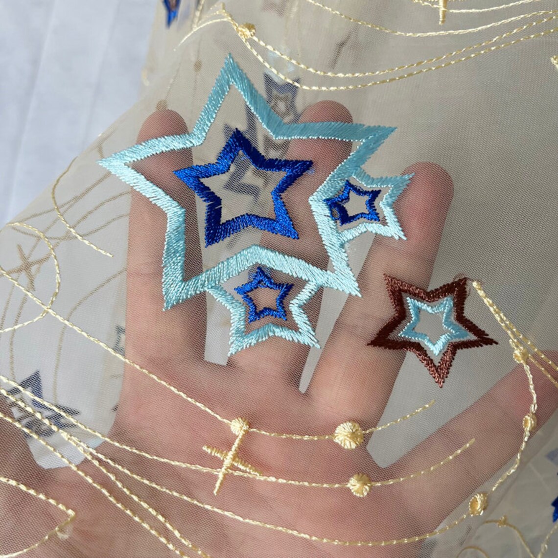 Apricot Tulle Blue Star Embroidery Lace Fabric Floral - Etsy