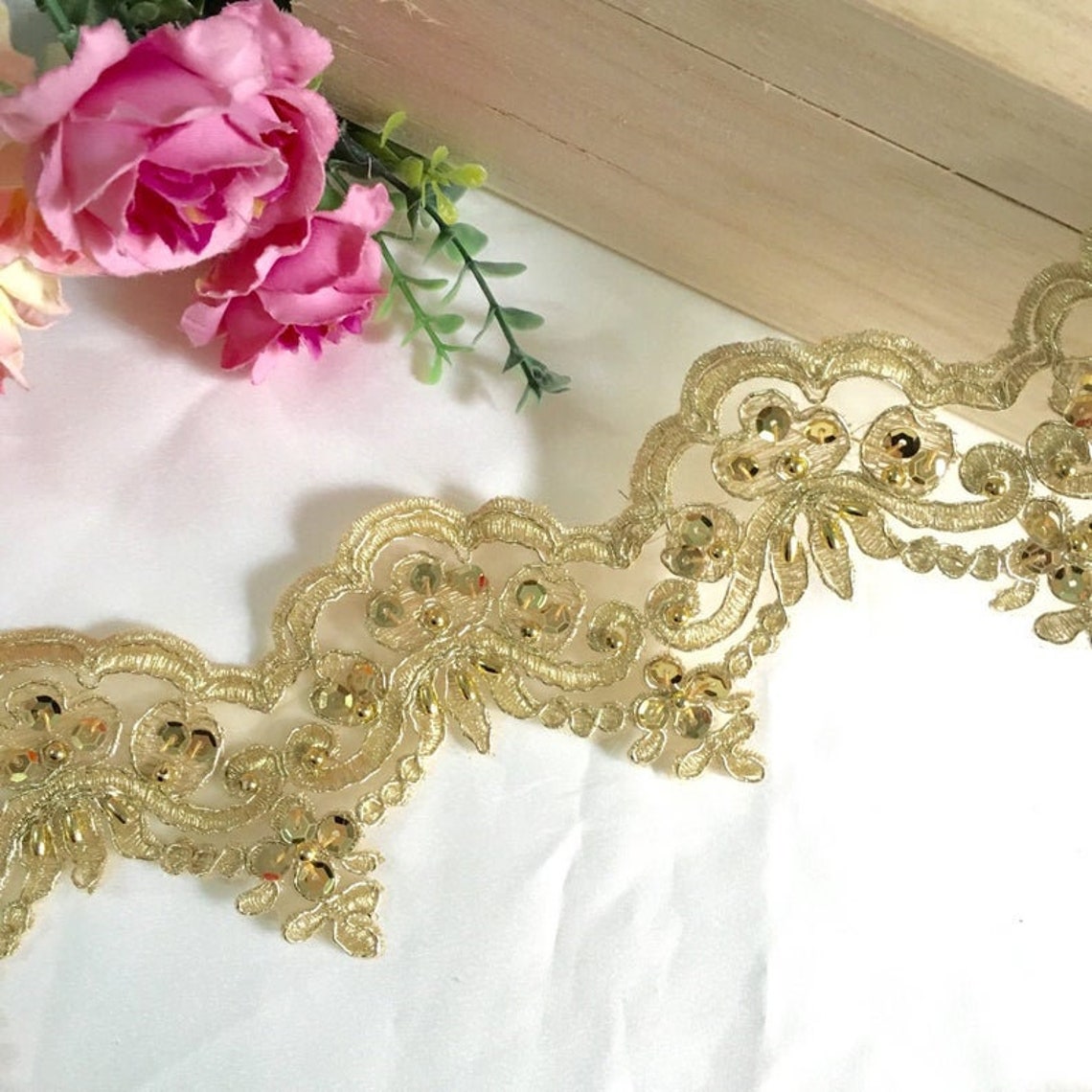 Classic Gold and Silver Beaded Sequin Car Bone Lace Trim | Etsy