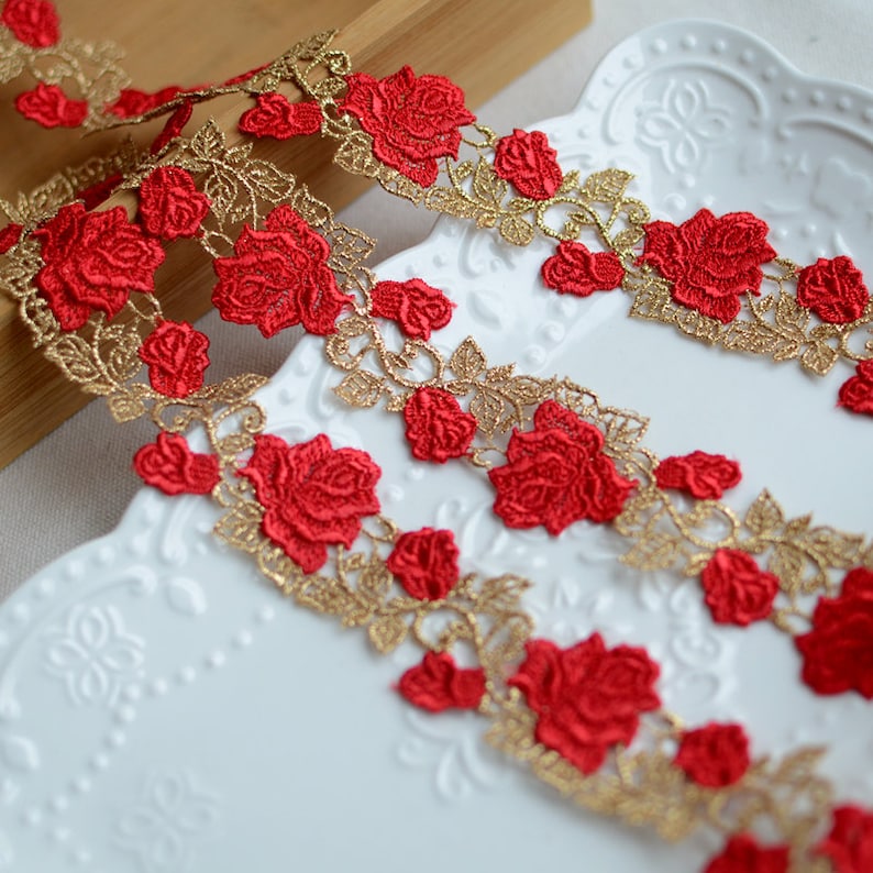 1 Yard Beautiful Red Rose Gold Flower Embroidery Lace Trim for DIY ...