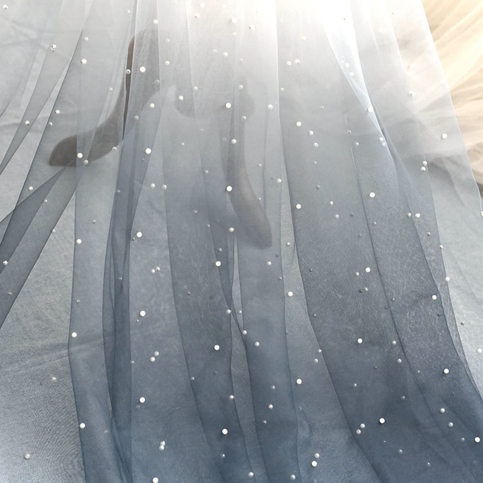 Gradient Color Tulle Blue Gray Bead Pearl Lace Fabric Exquisite Bridal ...