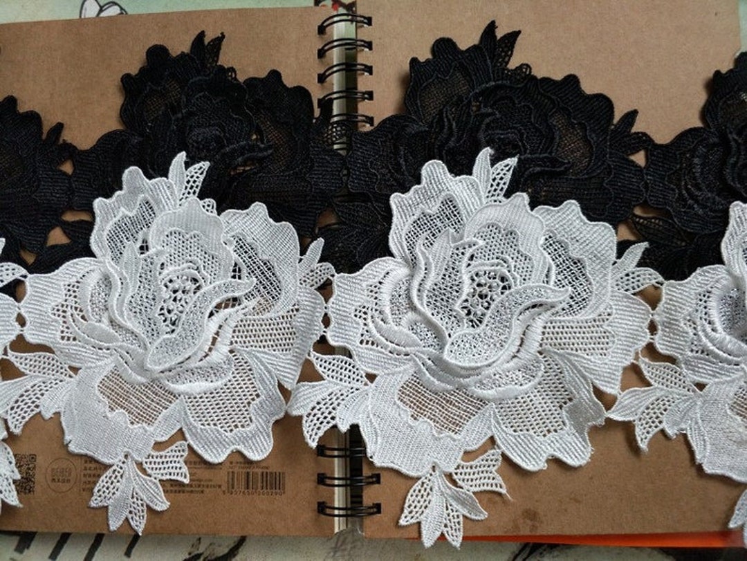 White Lace Trim Venise Style Black Rose Flower Lace Applique, Flower ...