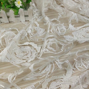 White Rose Embroidered Lace Fabric Bridal Lace Rose Floral Embroidery ...