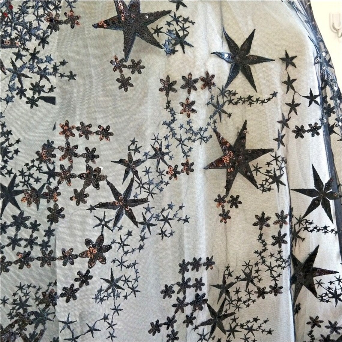 Black Sequin Star Lace Fabric Tulle Floral Embroidery Exquisite Bridal ...